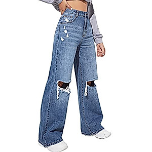 SweatyRocks Women's High Waisted Wide Leg Jeans Casual Loose Ripped Denim Pants Medium Wash S