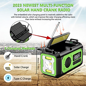 12000mAh Hand Crank Emergency Radio, AM/FM/NOAA Weather Radio, Emergency Radio,Multi-Function Solar Powered Radio,2 Solar Panels,USB Type-C Charging,Torch & LED Reading Lamp,SOS Alarm,Compass(Green)
