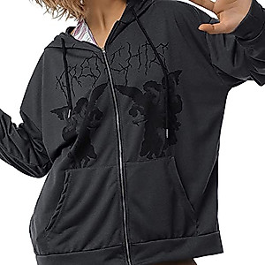 Sunwittafy Women's Aesthetic Graphic Print Hoodie Y2k Long Sleeve Zip Up Hoodies Oversized Hooded Sweatshirt Vintage Streetwear Black