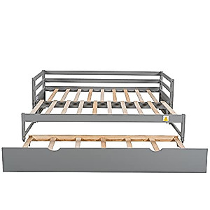 KLMM Extendable Daybed with Trundle, Twin or Double Twin Foldable Daybed, Solid Wood Sofa Bed Designed for Bedroom/Living Room/Apartment/Hotel (Gray_Simple)