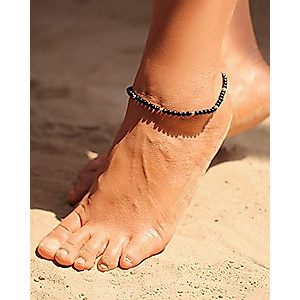 Jewever Black Obsidian Anklet Bracelet for Women crystals and healing stones Beach Foot Beaded Adjustable(8.5-10 Inches)