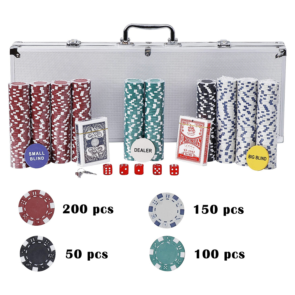 Smartxchoices 500 PCS Poker Chip Set 11.5 Gram Dice Style Clay Casino Poker Chips w/Aluminum Case Cards Dices Blind Button for Texas Holdem Blackjack Gambling