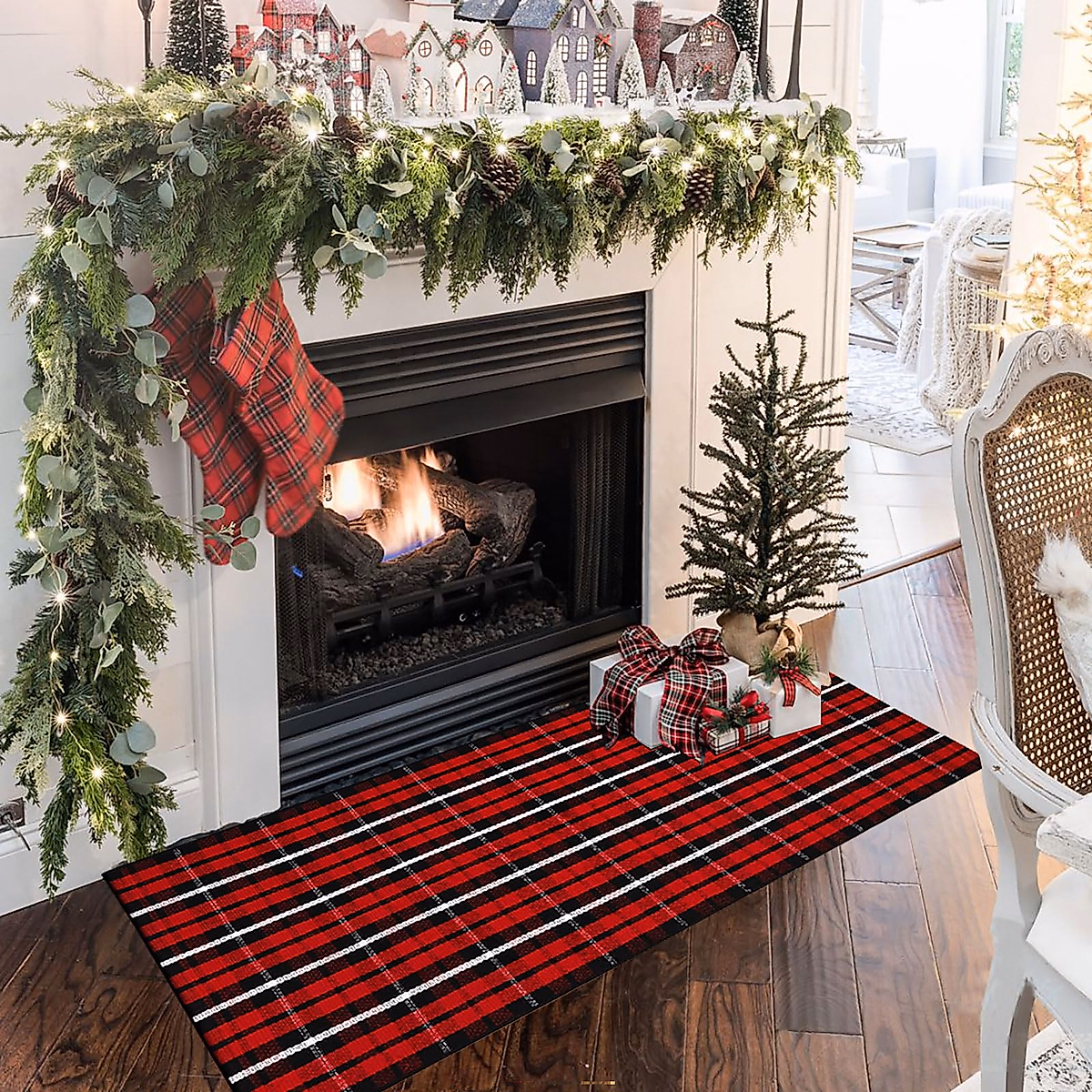Buffalo Plaid Outdoor Rug Christmas Door Mat Christmas Decor Welcome Rug Cotton Hand-Woven Layered Door Mats for Front Porch, Kitchen, Farmhouse, Entryway (24"x51", Red/Black/White)