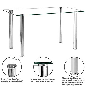 POULEII Glass Dining Table,Modern Minimalist Rectangular Table with Tempered Glass Tabletop and Silver Chrome Metal Legs for 6-8, Space Saving Dining Table for Kitchen Dining Room