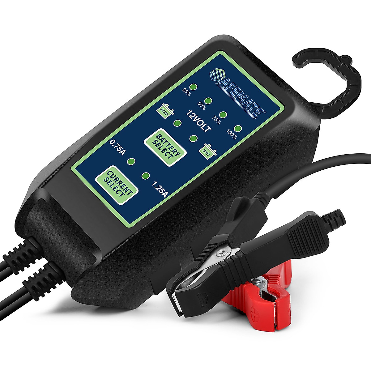 SAFEMATE 12V Battery Charger, 0.75A/1.25A Full Automatic Trickle Charger, Battery Maintainer, and Battery Desulfator, for Car, Motorcycle, Lawn Mower Lead Acid Batteries