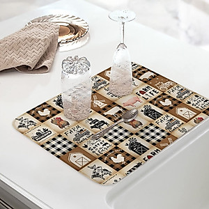 Farm Animals Dish Drying Mat for Kitchen Counter, Farmhouse Rustic Cow Pig Rooster Plaid Baby Bottle Microfiber Drying Pad, Absorbent Coffee Cup Dishes Drainer Mats 18"x24"