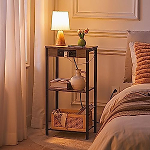 HOOBRO Tall End Table with Charging Station and USB Ports, 3-Tier Telephone Table, Small Entryway Table, Narrow Nightstand for Small Space in Living Room, Bedroom, Hallway, Rustic Brown BG09UDH01