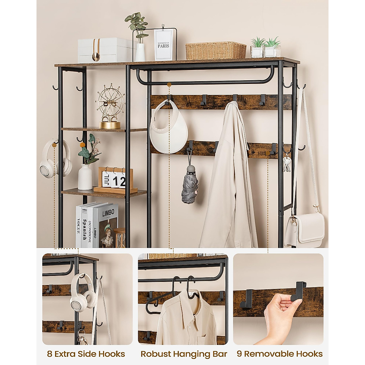 Hzuaneri Hall Tree, Coat Rack with 3-Tier Storage Bench and 1 Drawer, 5-in-1 Entryway Bench with 17 Hooks, 1 Hanging Rod, 4-Tier Side Shelves, Rustic Brown HT03501B