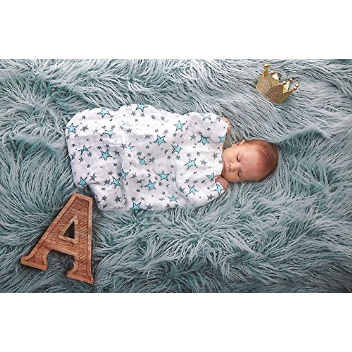 Adam & Elsa Baby Swaddling Blankets Organic Silky Soft Muslin Cotton Bamboo - Exclusive Prints - Boys & Girls Unique Gift Box - Unisex 4 Pack Oversized (Aqua Blue Wish Upon Star & Moon)