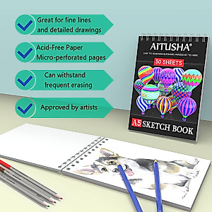 AITUSHA 42-Piece Drawing and Sketching Kit: Comprehensive Art Set for Artists, Watercolor Pencils, Sketch Kit, 50-Page Sketchbook, Black Zipper Case