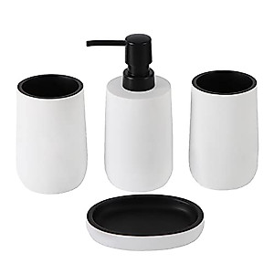 3&7 BRICK Black and White Bathroom Accessories Set,4 Pieces,Toothbrush Holder,Lotion Soap Dispenser,Tumbler,Soap Dish, Resin Countertop Complete Decor and Gift Set