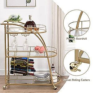 Angel Sar Gold Bar Cart on Wheels, 3 Tier Home Bar Serving Cart with 3 Glass Shelves, Wine Racks, Glass Holders, for Kitchen, Dining Room
