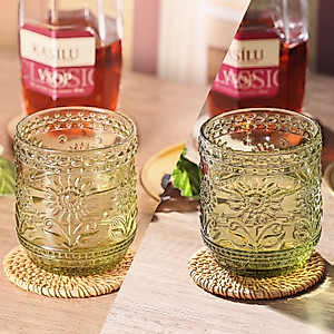 Airsky Set of 6 Olive Green Vintage Drinking Glassware- 12OZ Green Glass Drinking Cups, Thick Farmhouse Drinking Glasses, Embossed Kitchen Glassware for Soda Lemonade Cocktail Wine, Dishwasher Safe