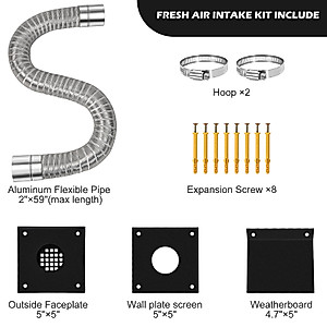 Pellet Stove Vent Pipe Kit, Pellet Stove Fresh Airs Intake Kit, Pellet Stove Exhaust Pipe Kit Includes 2"x59" Aluminum Flexible Pipe, Protective Screen and 2 Screw Clamps