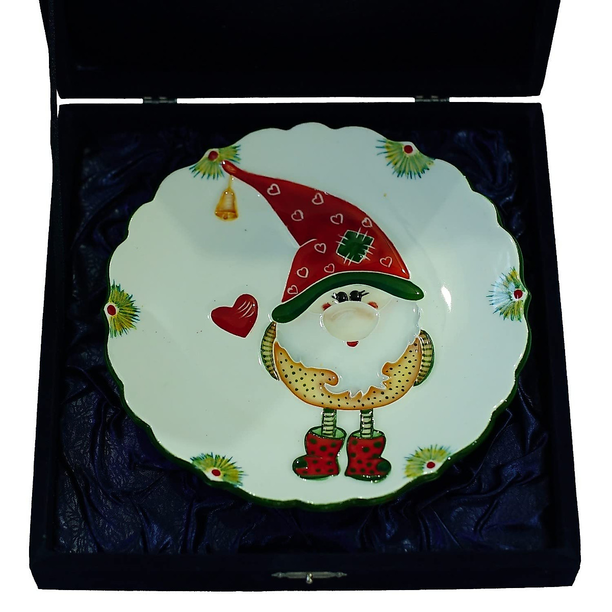 Anka Handcrafts - Christmas Home Decors - Santa's Dwarves - Handmade & Handpainted Ceramic Plates with Unique Embossed Surface – w Navy Int. Velvet Case – Christmas for Homes 760
