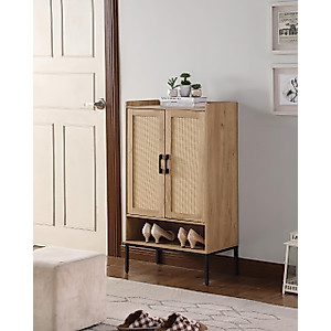 Kavonty Shoe Cabinet with Rattan Doors, 5-Tier Shoe Storage Cabinet with Open Shelves,Wooden Shoes Rack Organizer, for Entryway Hallway Closet Bedroom, Natural