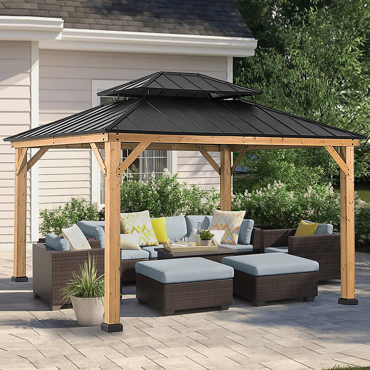 CoastShade 13x15 ft. Outdoor Wood Gazebo, Cedar Framed Patio Gazebo with 2-Tier Brown Steel Hardtop Roof for Patio,Garden,Backyard,Lawn and Deck
