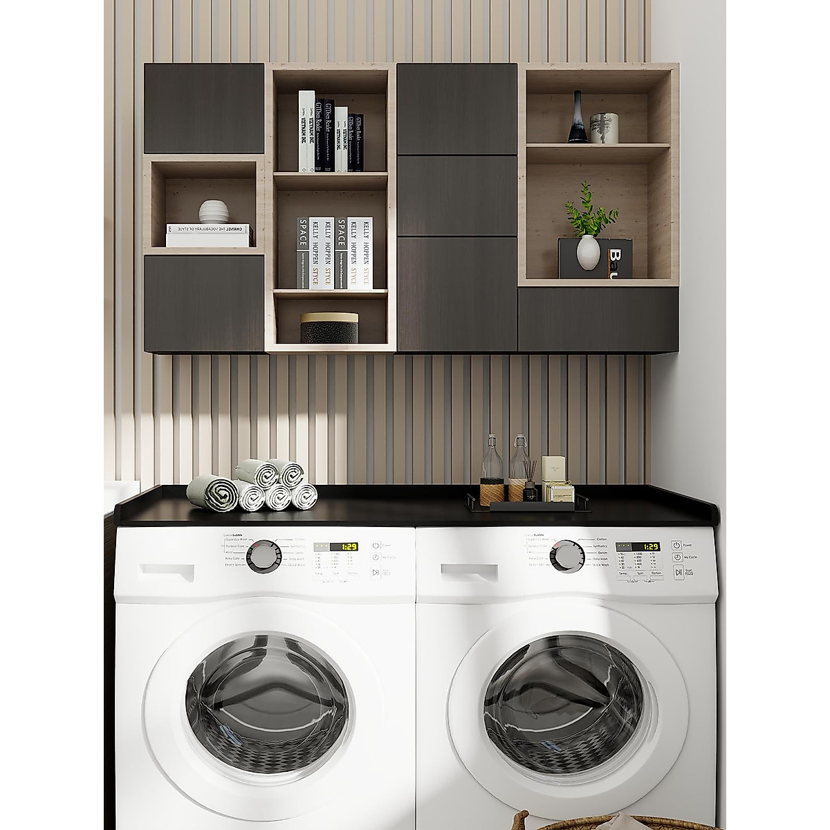 Toemics Washer Dryer Countertop, 27.5" x 54" Laundry Room Organization Shelf with Edge Rails for Washer and Dryer, Durable Melamine Finish, Non-Slip Pads, and 3 Laundry Bags, Black