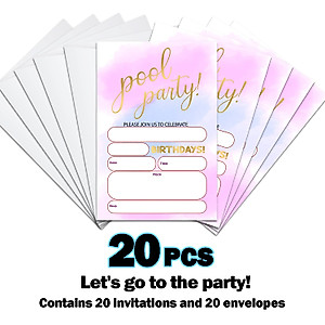 Watercolor Glitter Pool Party Birthday Party Invitation, Water Slide Pool Birthday Party Invite for Kids Girls Boys, Summer Birthday Party Celebration Supplies, 20 Invitations with Envelopes - JY773
