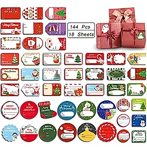 144 Pcs Christmas Gift Tags, Christmas Self Adhesive Gift Tag Stickers, Holiday Labels for Gifts Santa, Snowman, Tree, Reindeer Present Name Labels for DIY Xmas Gift