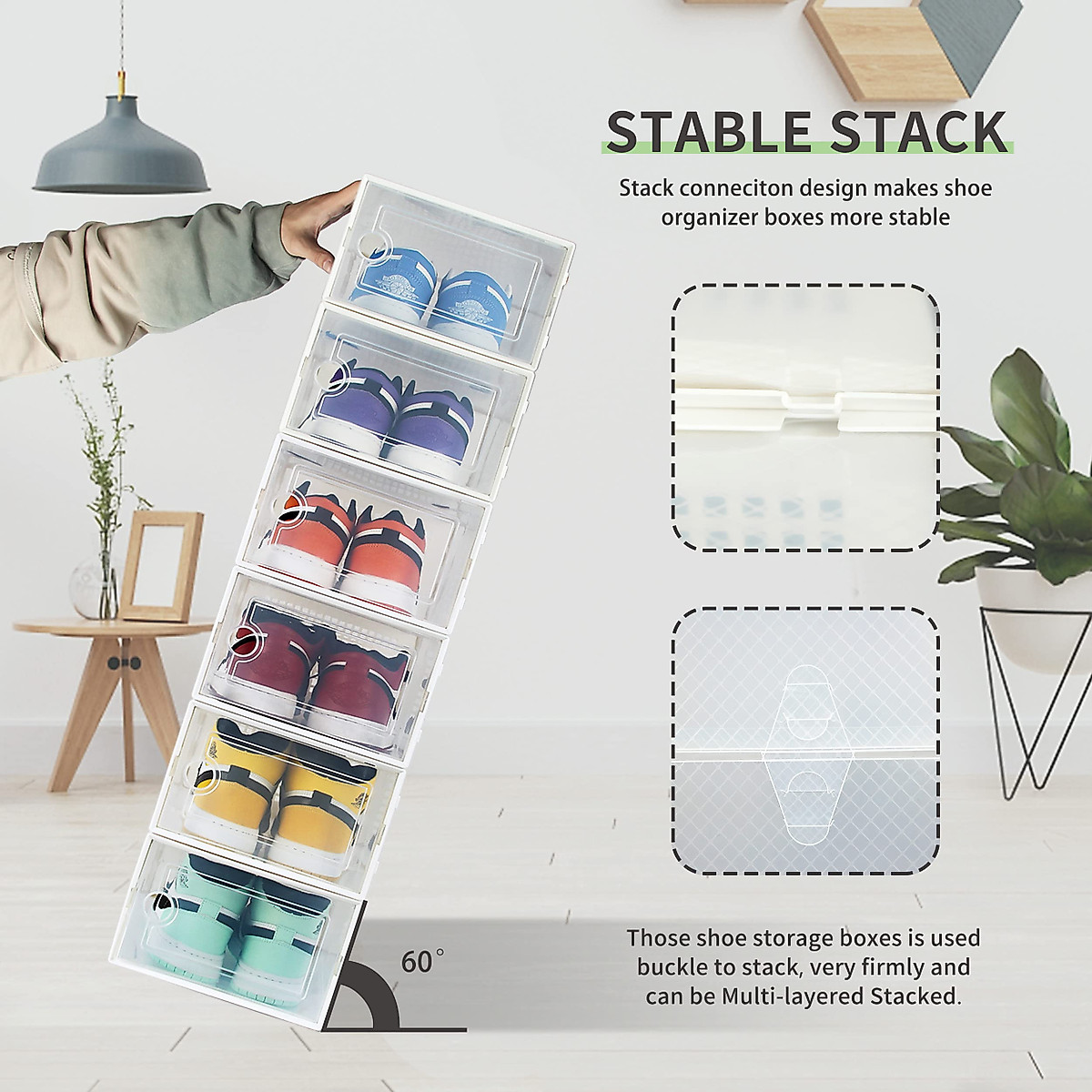 Hrrsaki 15 Pack Shoe Storage Boxes, Shoe Boxes Clear Plastic Stackable, Shoe Organizer Boxes with Front Opening Lids, Ventilation and Dust-proof, Shoe Container Boxes for Closet, Bedroom, Bathroom