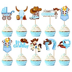 Keaziu 36PCS A little Cowboy is On The Way Cupcake Toppers Cowboy Riding HorseShoe Cowgirl Hats Western Theme Happy Birthday Baby Shower Party Cake Decorations Supplies Blue 3