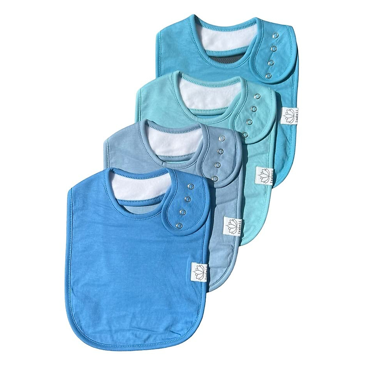 Isabeli Large Toddler Organic Cotton Bibs, Unisex 4-pack for Feeding, Drooling, Adjustable (Blues)