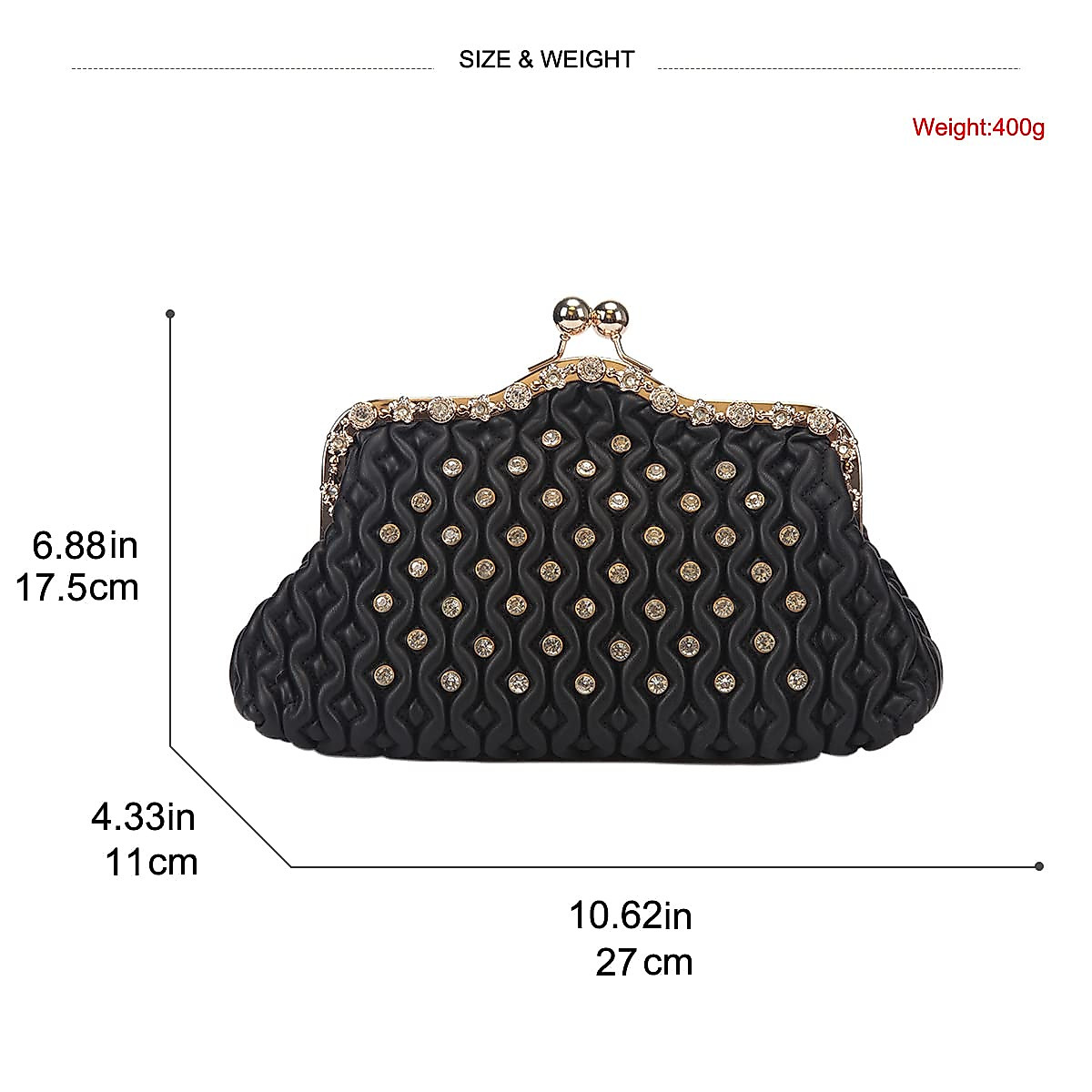 Fawziya Evening Clutch Purses For Women Formal Kiss Lock Crystal Leather Shoulder Bag-Black