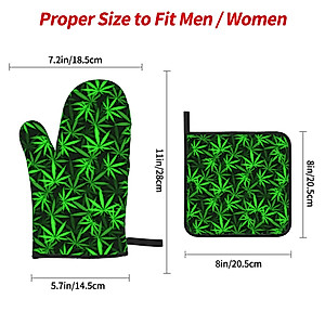 Oven Mitts and Pot Holders Sets Weed Leaf Print Oven Gloves Heat Resistant Potholders 4 Pcs Set Washable Non-Slip BBQ Gloves with Hanging Loop for Women Men Kitchen Baking Cooking Grilling