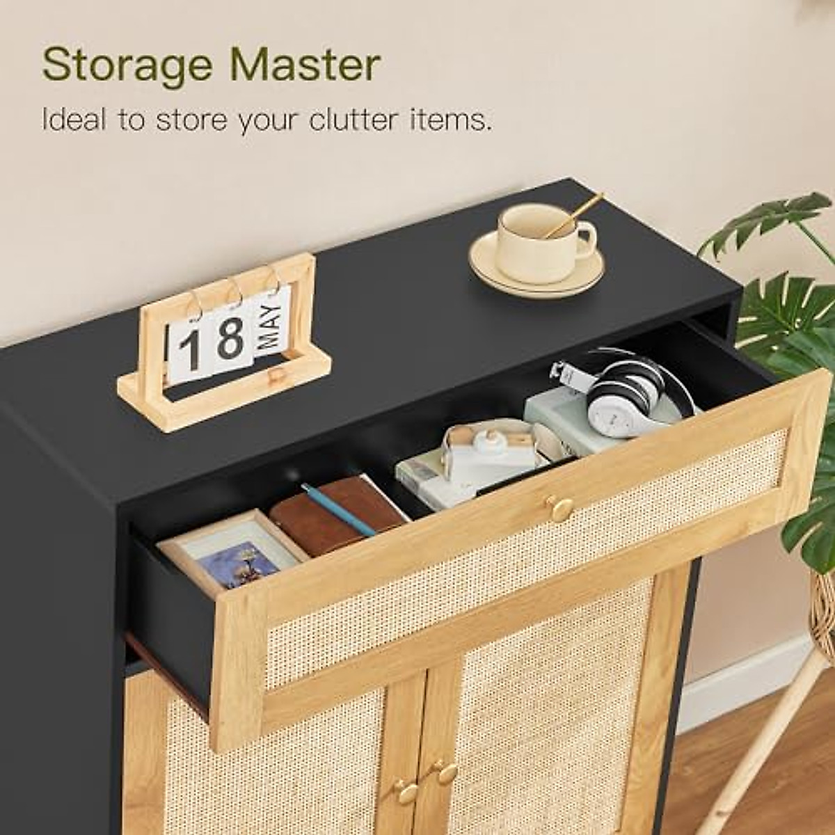 Quimoo Tall Storage Cabinet, Rattan Cabinet with Adjustable Shelf & Large Drawer, Boho Storage Cabinet, Accent Cabinet for Entryway, Living Room, Black