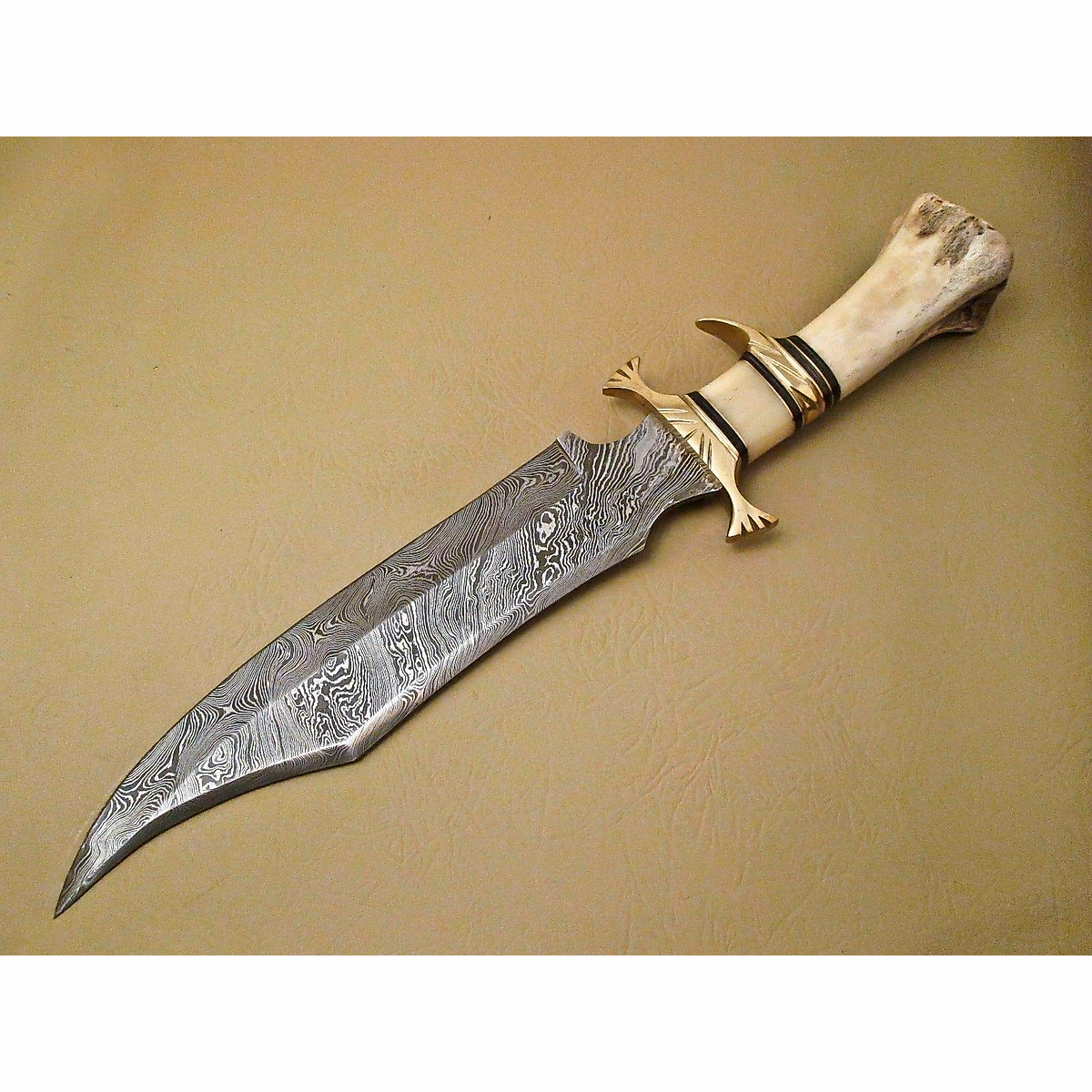 Damascus Steel Hunting Knife - Fixed Blade Knives with Sheath - Firm Grip Handle Made of Camel Bone (White)