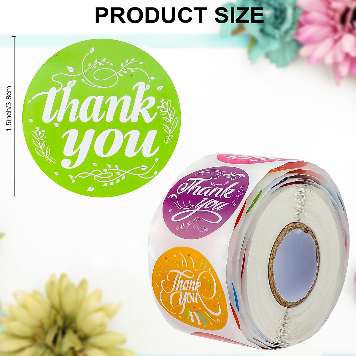 Qpout Thank You Stickers 1.5 inch, Colorful Thank You Stickers, 500 Pieces Thank You Stickers Small Business, Thank You Stickers for Packaging, Red Green Blue Orange Purple Thank You Sticker, 1 Roll