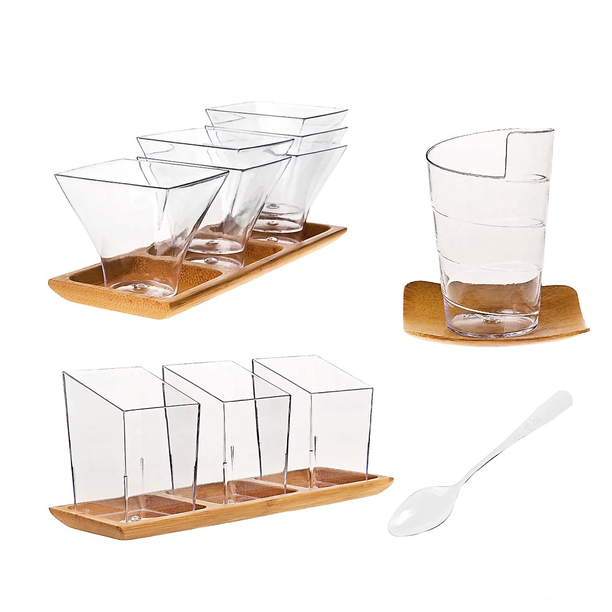 60 pack dessert cups of 3 oz, 2.5 oz and 2 oz. 3 varieties in size and shape also 20 of each shape perfect for appetizer, dessert and serving parties, plus FREE 60 spoons