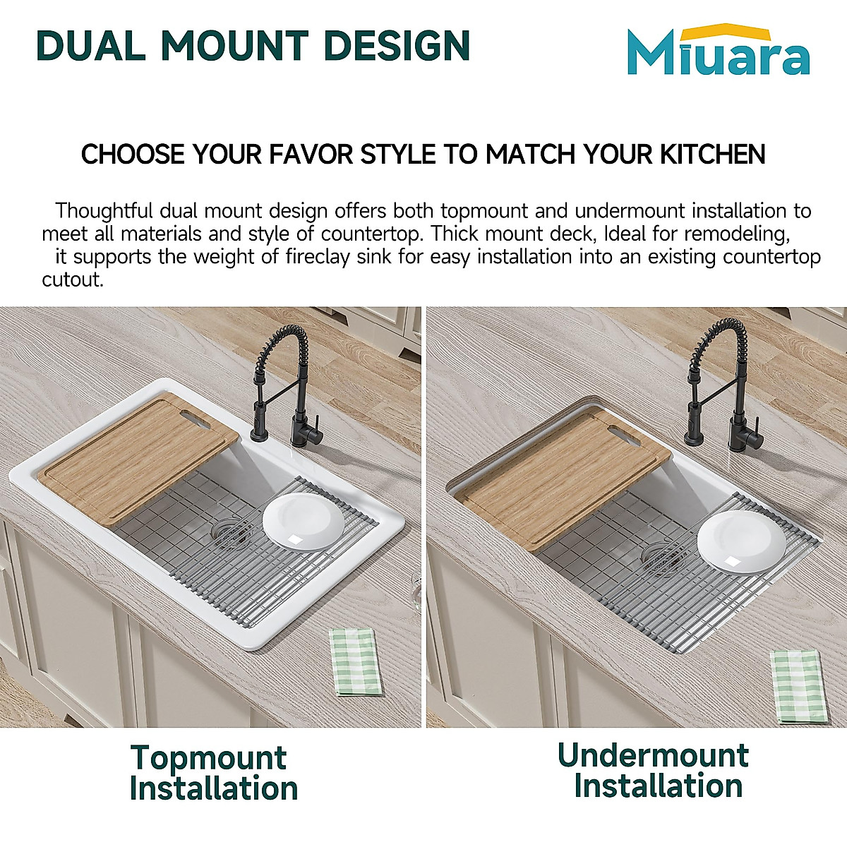 Miuara White Workstation Kitchen Sink 33 Inch - Large Undermount Kitchen Sink 33"x22", 9" Deep White Kitchen Sink Drop In, Single Bowl Topmount Fireclay Sink for Kitchen, with 4 Custom Accessories
