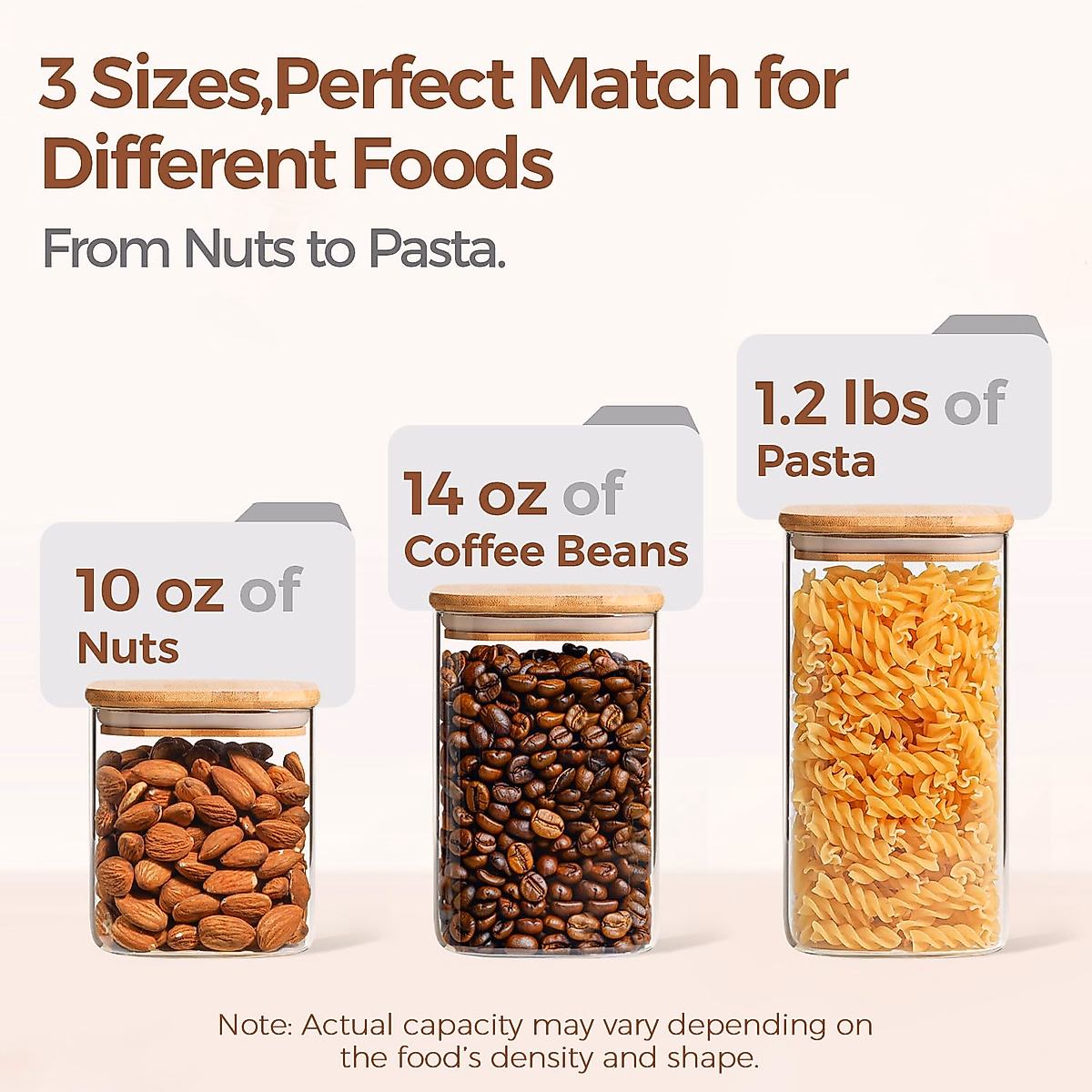 ComSaf Airtight Glass Storage Canister with Bamboo Lid (22oz/37oz/50oz) Set of 6, Clear Food Storage Container Kitchen Pantry Storage Jar for Flour Cereal Sugar Tea Coffee Beans Snacks, Square