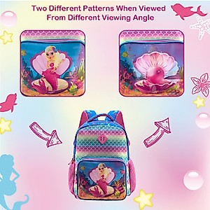 Mermaid Backpack for Girls 15 Inch with Shells Pearl Mirage Effect Changeable Lenticular Pictures Hologram 4-10 Age School Backpack for Preschool Early Elementary Kindergarten with Chest Straps
