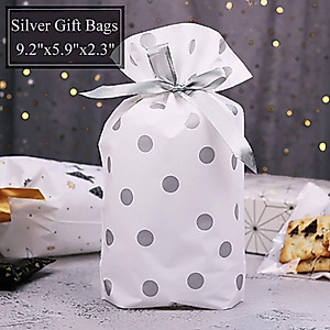Enjonar 24pcs Treat Bags Party Favor Bags Silver Gift Bags Plastic Drawstring Bags Candy Bags Goodies Bags Gift Wrapping Bags