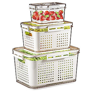 Vegetable Fruit Storage Containers for Fridge Organizer with Lid & Colander 3 Pack BPA-Free Produce Saver Containers for Lettuce Berry Stay Fresh,Lettuce Keeper for Fridge Organizers and Storage Clear