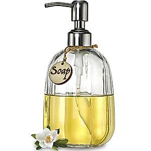 JASAI 18OZ Floral Soap Dispenser with 304 Rustproof Stainless Steel Pump for Bathroom, Vintage Kitchen Soap Dispenser with A Wooden Tag, Cute Round Refillable Soap Dispenser for Kitchen Sink