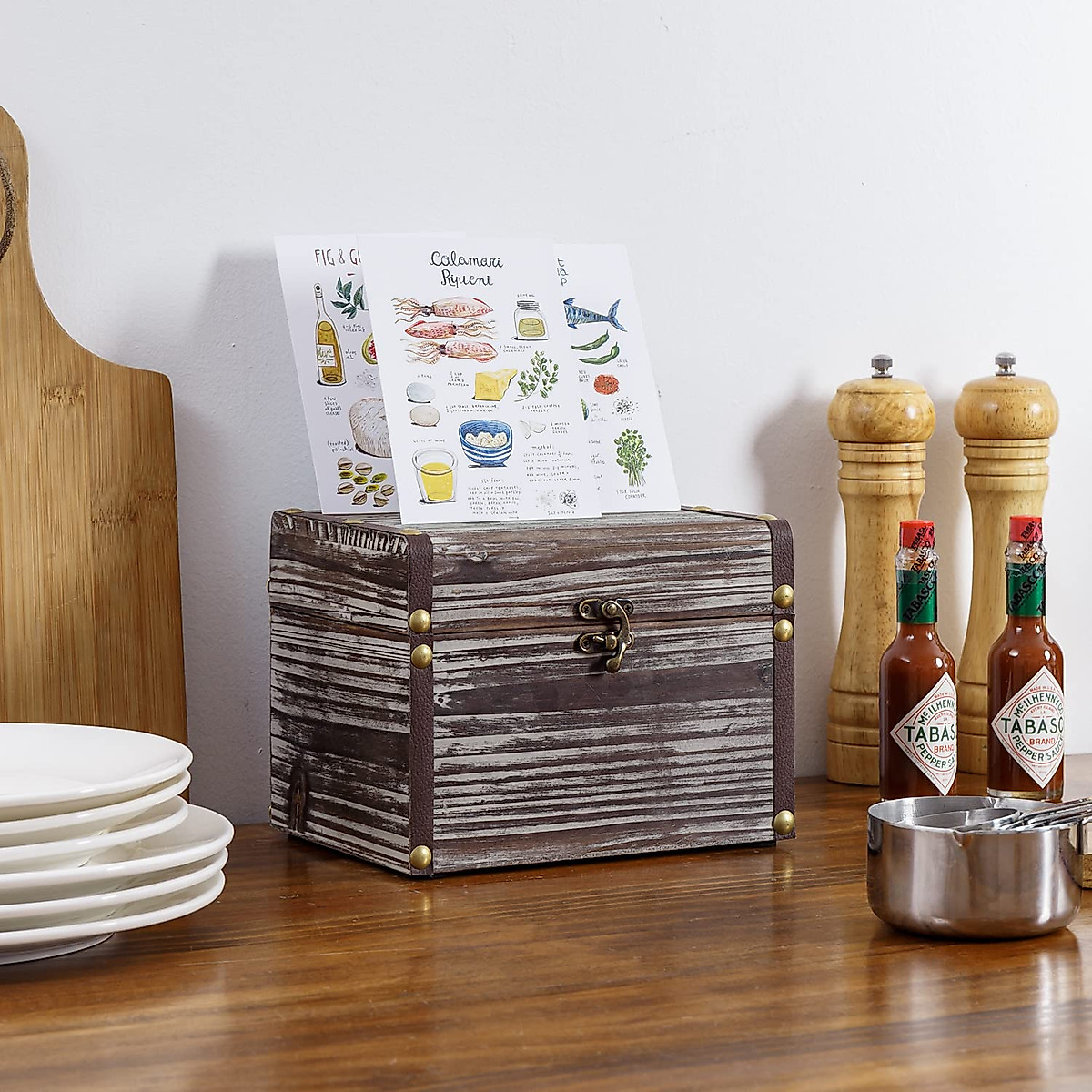 MyGift Rustic Torched Wood Recipe Card Box with Divider, Wooden Recipe Holder Organizer Chest with Leatherette & Brass Accents - Holds 4 x 6 Cards