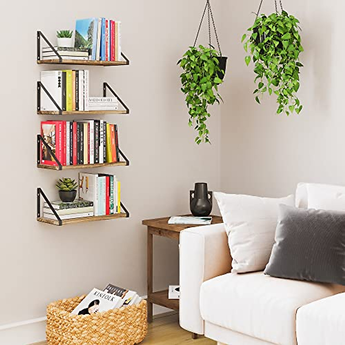 Wallniture Ponza Floating Shelves, 17"x8" Bookshelf Set for Living Room, Shelves for Bedroom, Kitchen Organization & Bathroom Storage Office Shelves Burnt Set of 4