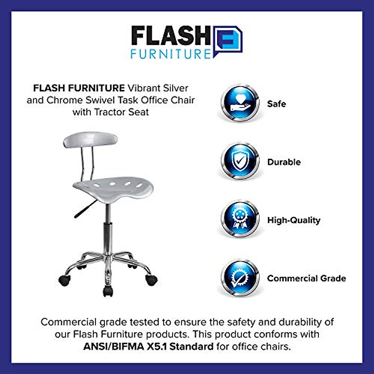 Flash Furniture Elliott Vibrant Silver and Chrome Swivel Task Office Chair with Tractor Seat