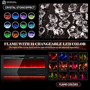 oneinmil Electric Fireplace, 50 inch Wide Recessed/Wall Mounted/Free Standing Electric Fireplace, Remote Control with Timer 12 Adjustable Color Flame, Remote Control,with Crystal Stone, 750/1500W