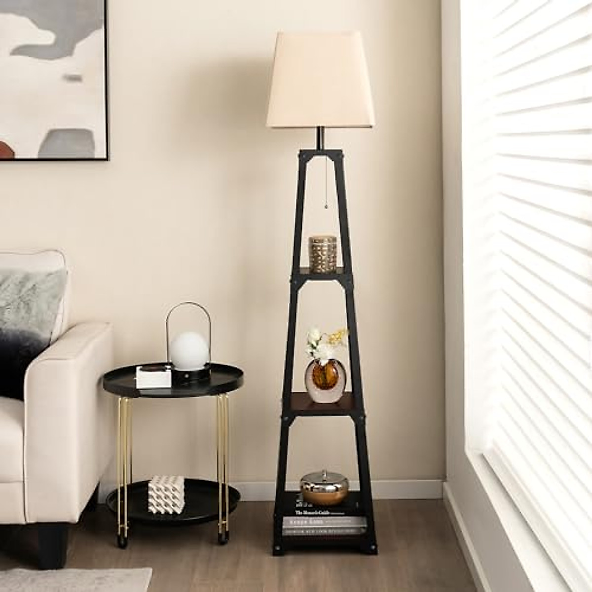 Tangkula Shelf Floor Lamp, Modern Wood Square Standing Lamp with 3 Tiers Shelves and Linen Shade, Stable Trapezoidal Design, E26 Lamp Base, 62" Tall Metal Frame Shelf Lamp for Living Study Bedroom