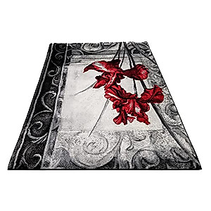 HT Design Rectangular Area Rug for Living Room, Floral Black and Red 7x10 Modern Rugs, Easy to Clean, Pet Friendly Indoor Carpet for Living Room