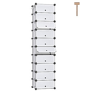 DINMO 10-Tier Shoe Rack with Doors for Entryway, 20 Pairs, Portable Plastic Cubby Shoe Shelves Organizer Unit, DIY Shoe Cabinet, White