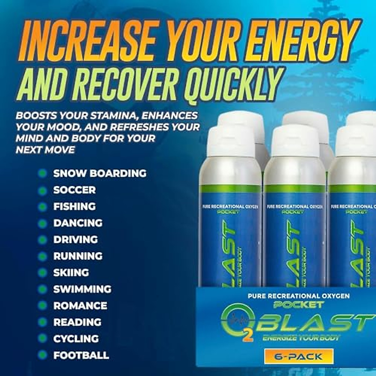 O2 Blast - Pure Oxygen Supplement, Quick Recovery for Exercise and Focus, Sanitary flip top Cap (4 Liter Oxygen Canisters - 6 Pack - Natural)