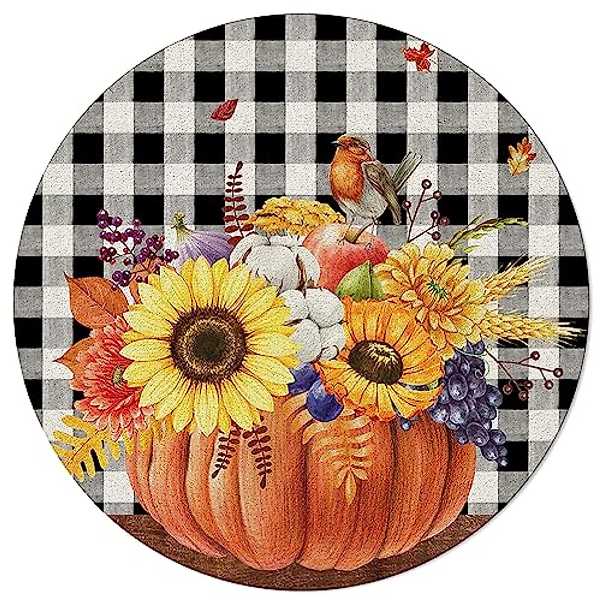 Pumpkin Plaid Large Area Rugs Carpet 3 Feet for Bedroom Living Room,Accent Throw Kitchen Hallway Bathroom Runner Rug Low Pile Entryway Door Mat Floor Doormat,Thanksgiving Fall Farmhouse Bird Sunflower