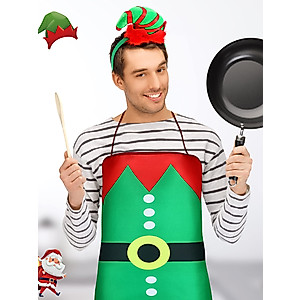 SATINIOR 4 Pieces Christmas Elf Apron and Santa Elf Hat Headbands Cute Kitchen Cooking Aprons Christmas Costume Accessories for Fancy Dress Party Thanksgiving Day Multicolor