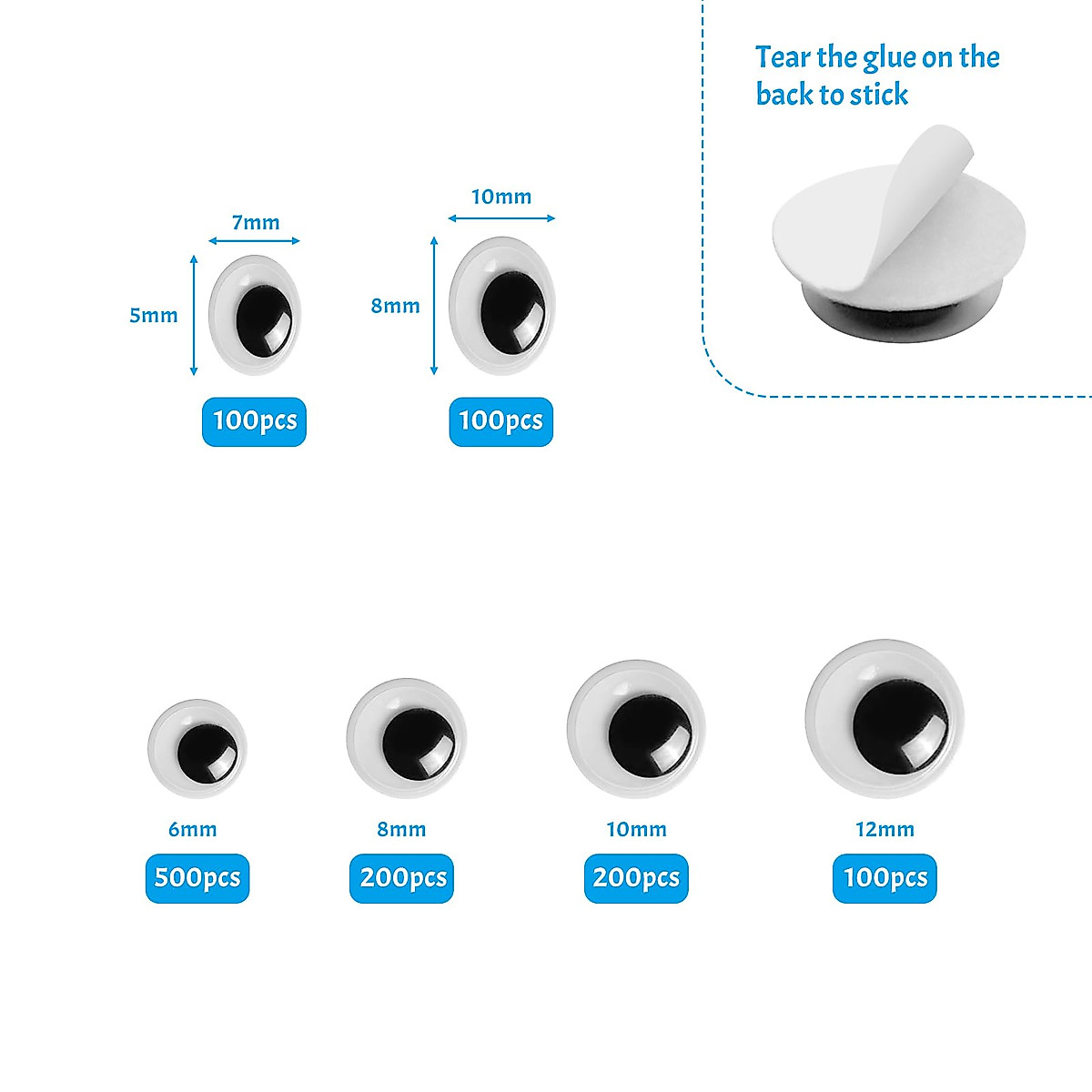 SNAIL GARDEN 1200Pcs Black Wiggle Googly Eyes with Self-Adhesive, 1000Pcs Round Plastic Wiggle Stickers Eyes & 200Pcs Oval Sticker Eyes for Crafts, DIY Projects, Halloween, Christmas DIY Decorations